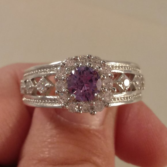 Jewelry | 18k White Gold Filled Ring Flower Amethyst Purple Diamond ...